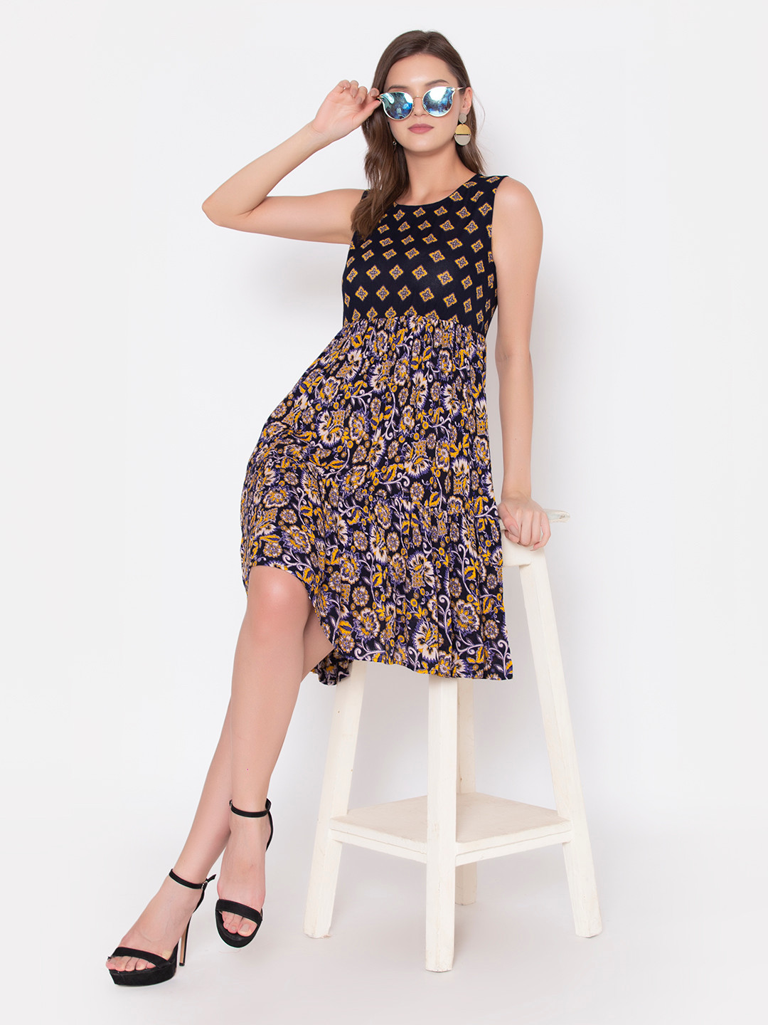 Buy FLAWLESS Navy Blue & Yellow Floral Dress - Dresses for Women ...