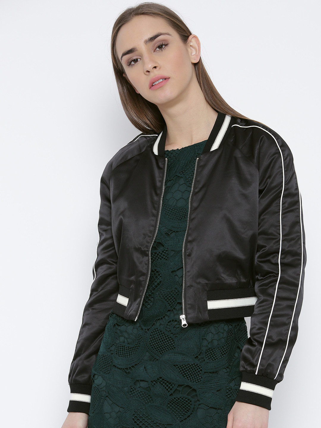 Buy Forever 21 Black Cropped Bomber Jacket - Jackets for Women 1645784 ...