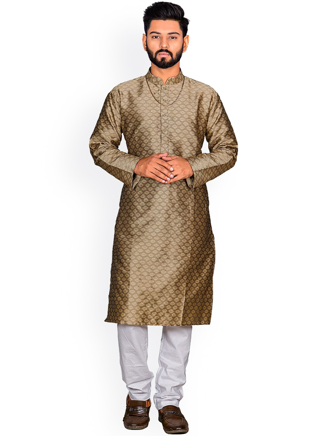 Buy Viva N Diva Men Beige & White Ethnic Motifs Jacquard Woven Kurta ...
