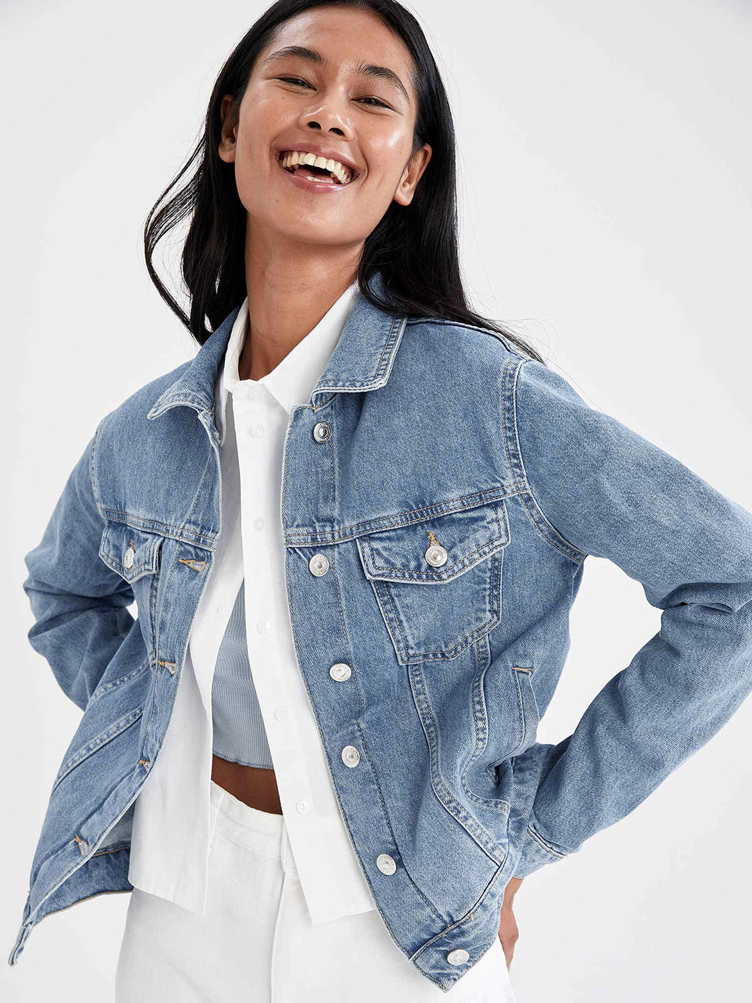 Buy DeFacto Women Blue Pure Cotton Denim Jacket - Jackets for Women ...