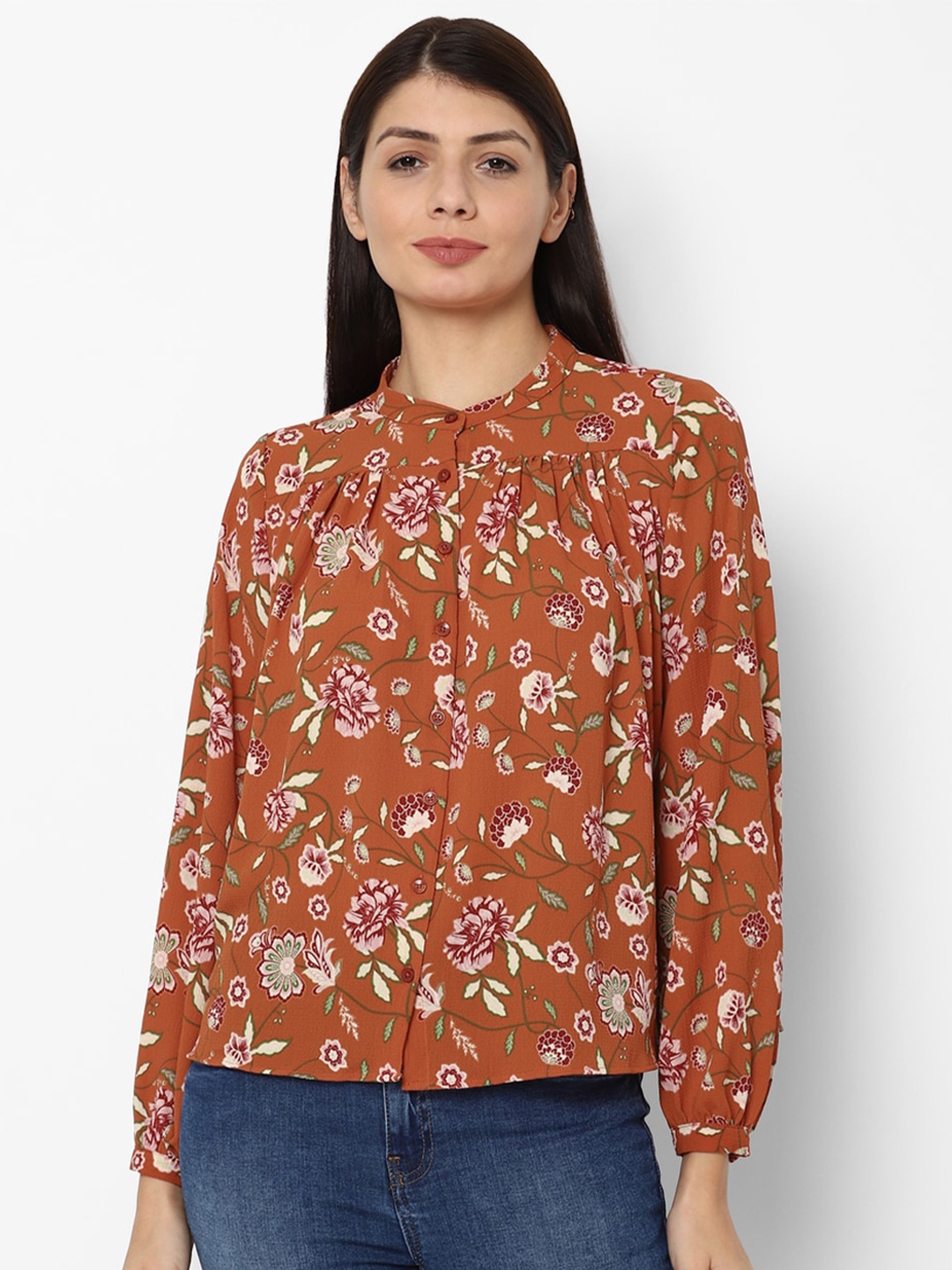 Buy Allen Solly Woman Maroon And Off White Floral Print Mandarin Collar