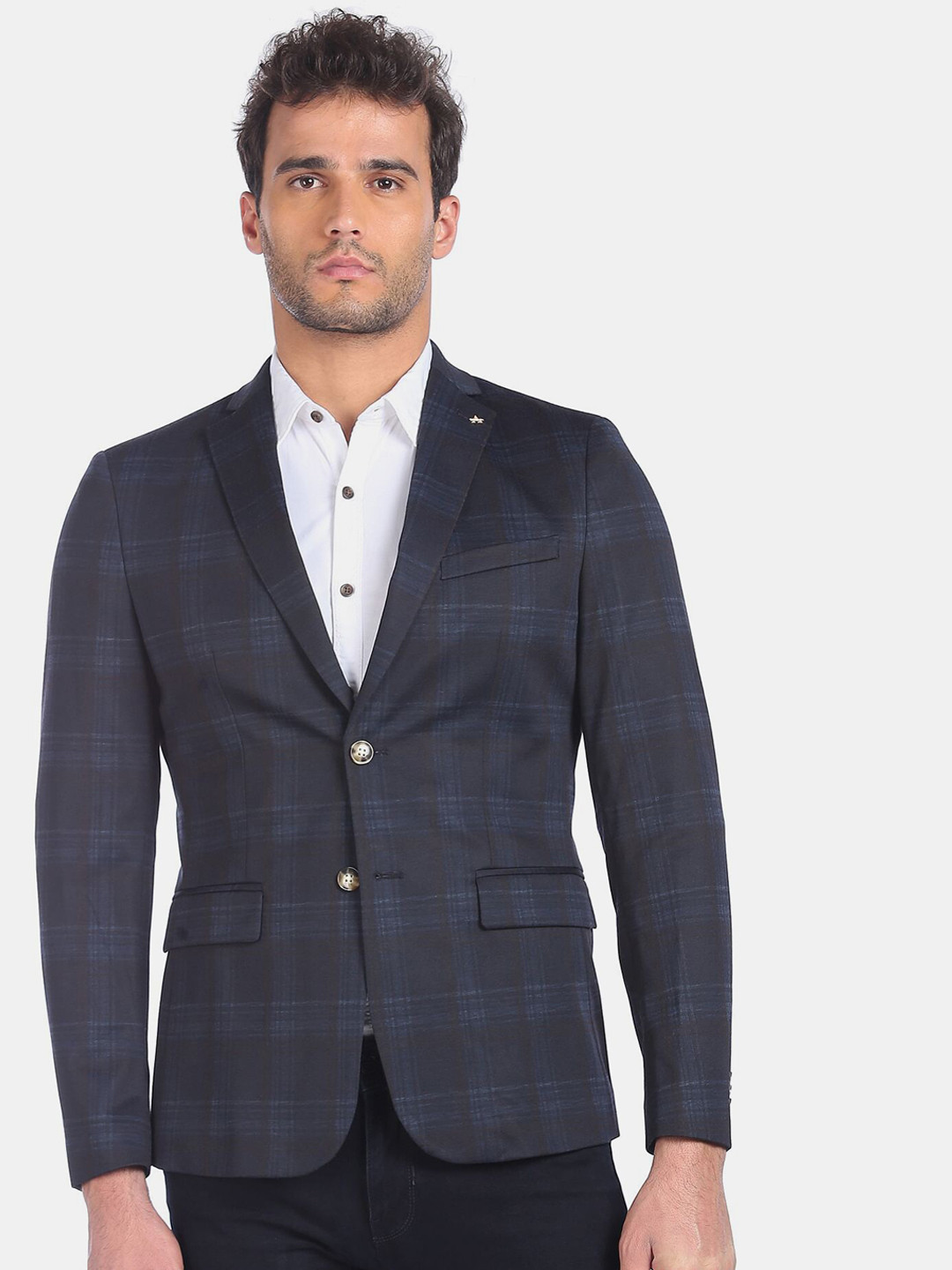 Buy Arrow Men Blue Checked Single Breasted Casual Blazer - Blazers for ...