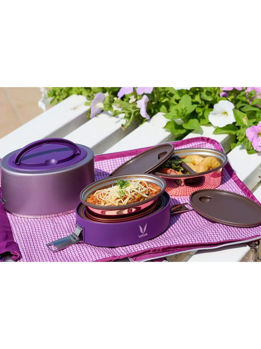 Buy Vaya Purple Lunch Box With Bagmat & Two Copper Finished Containers ...