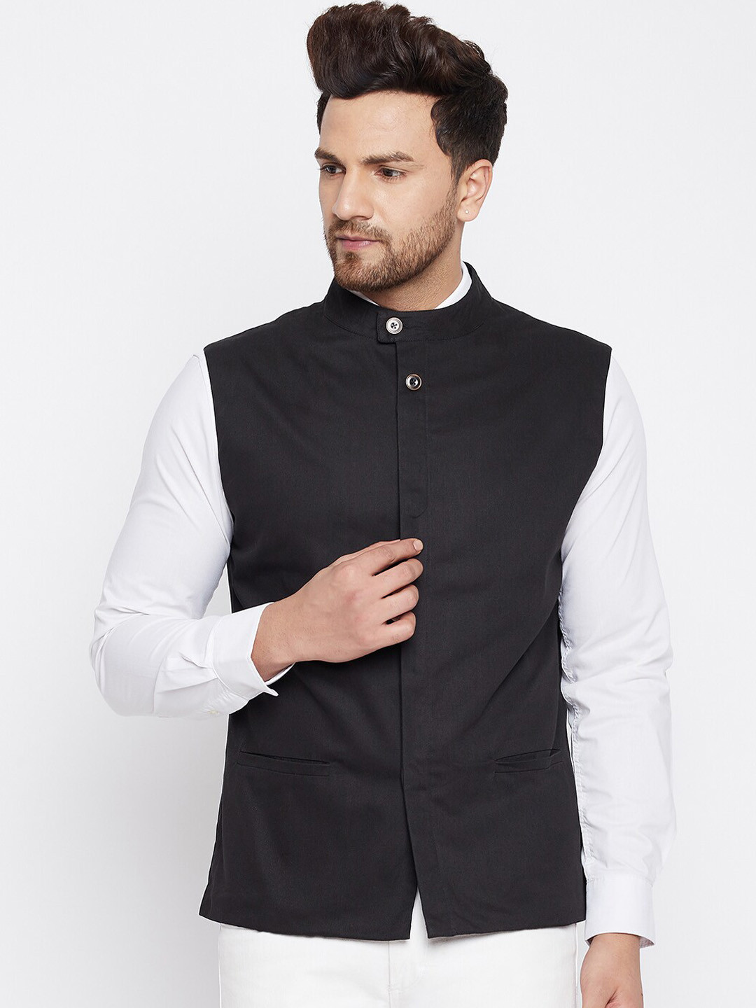 Buy CHILL WINSTON Men Black Solid Woven Nehru Jacket - Waistcoat for ...