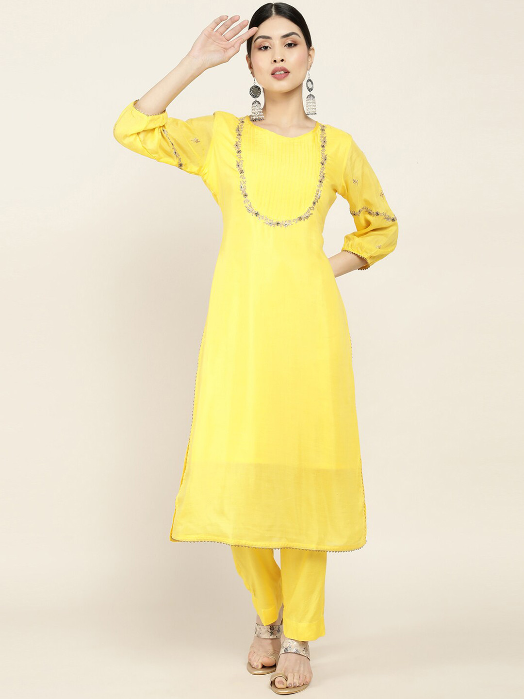 Buy Soch Women Yellow Yoke Design Panelled Kurti With Trousers - Kurta ...
