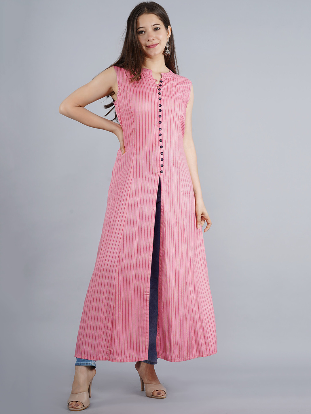 Buy KALINI Women Pink & Red Striped Kurta With High Slit - Kurtas for ...