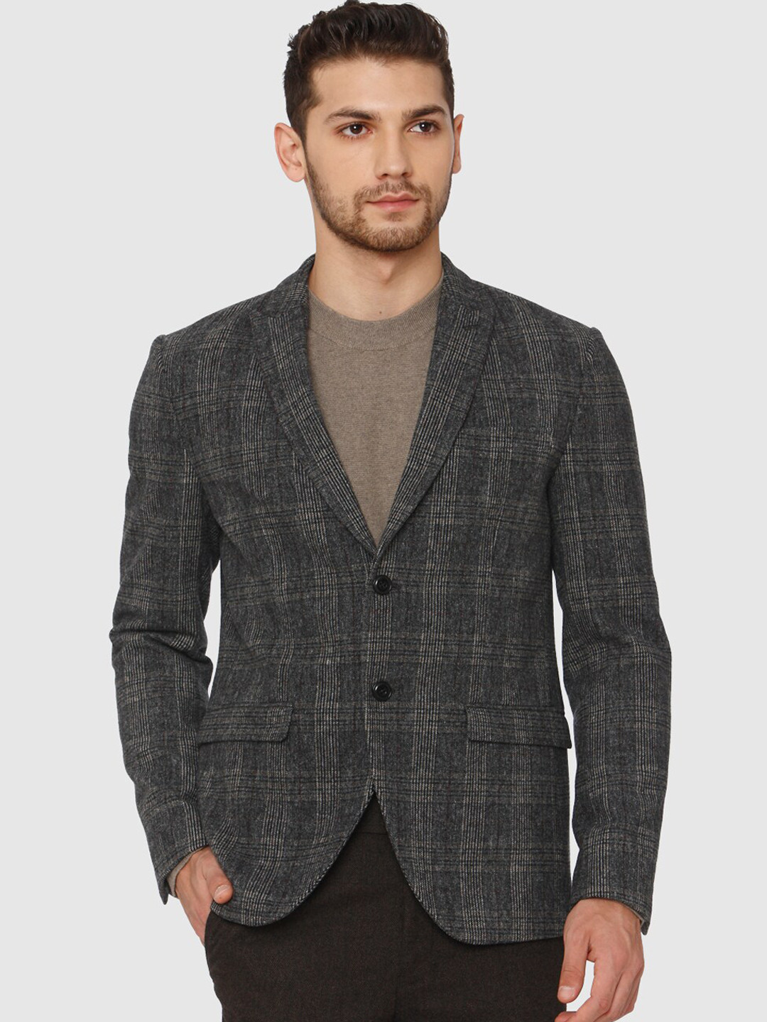 Buy SELECTED Men Grey & Black Checked Slim Fit Single Breasted Blazer ...