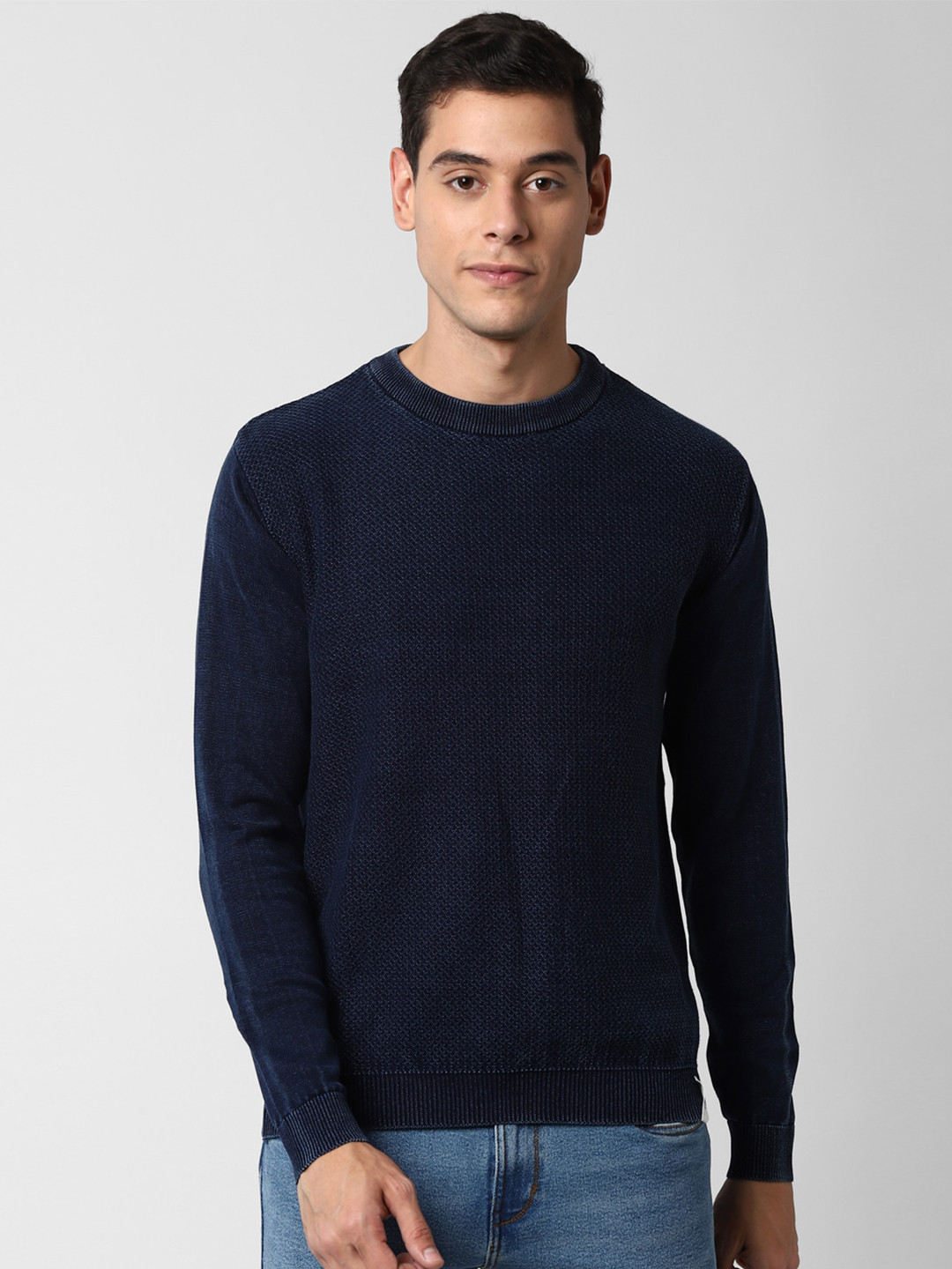 Buy Peter England Casuals Men Navy Blue Solid Pure Cotton Pullover ...
