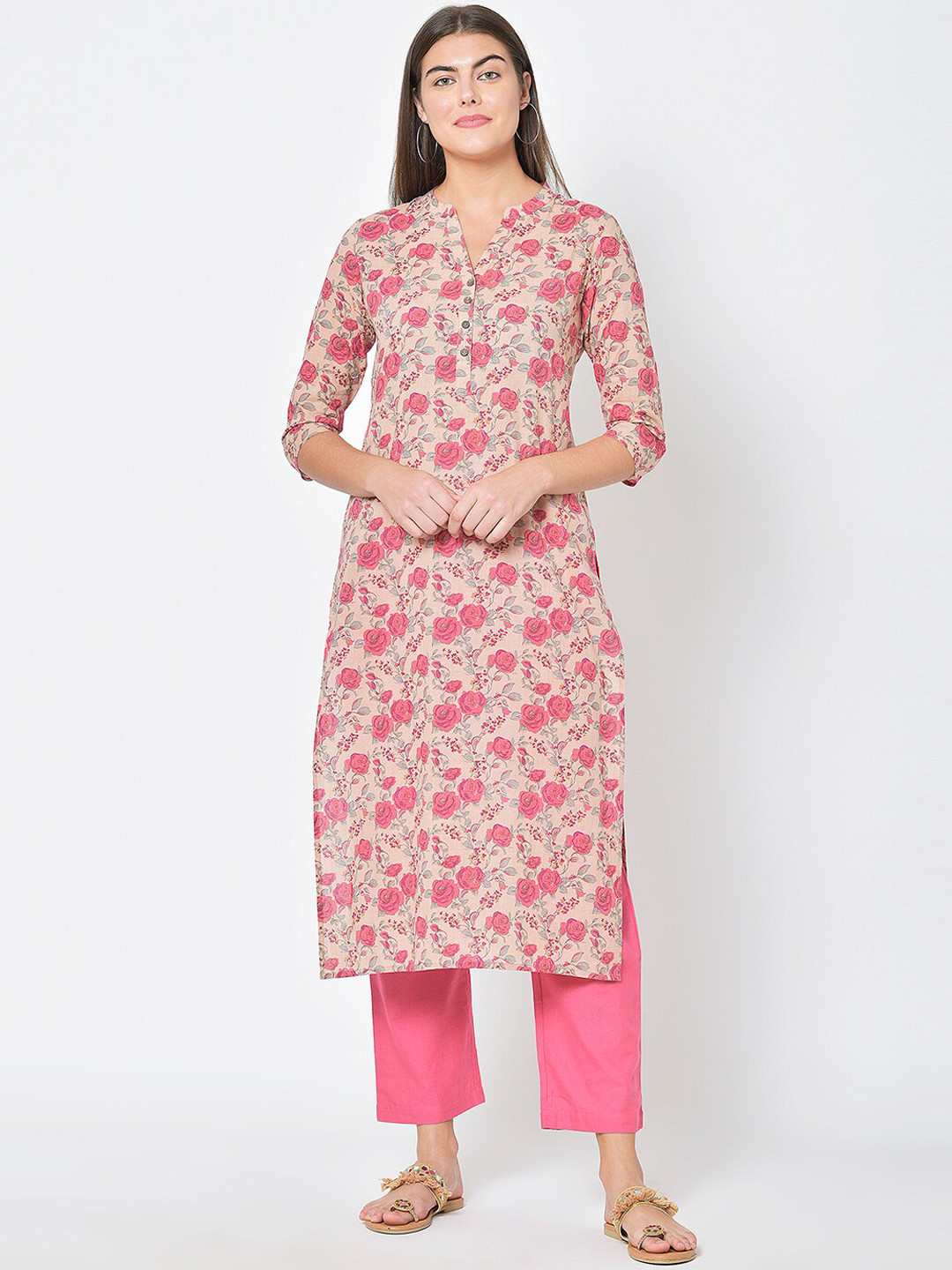 Buy Pistaa Women Peach Coloured & Pink Floral Printed Cotton Straight ...
