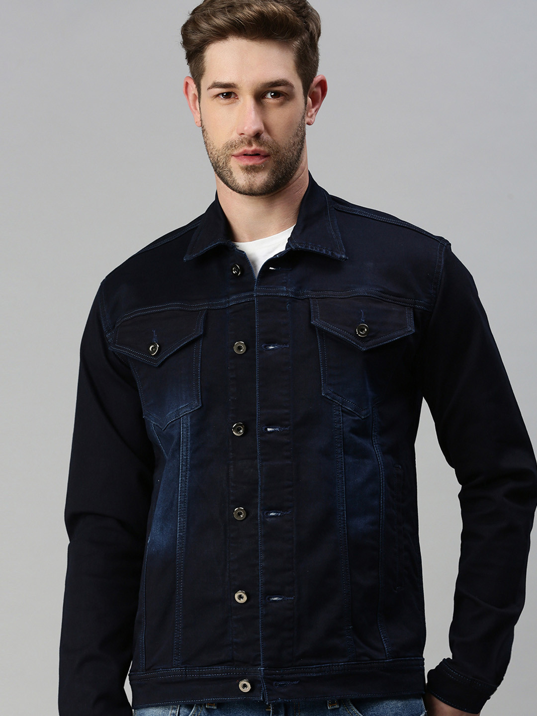 Buy SHOWOFF Men Navy Blue Washed Windcheater Denim Jacket - Jackets for ...