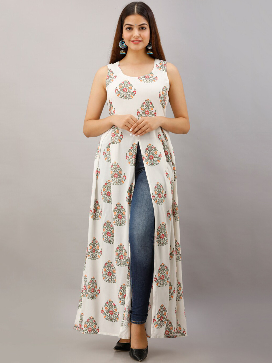 Buy KALINI Woman White Ethnic Motifs Printed Floral High Slit Kurta ...