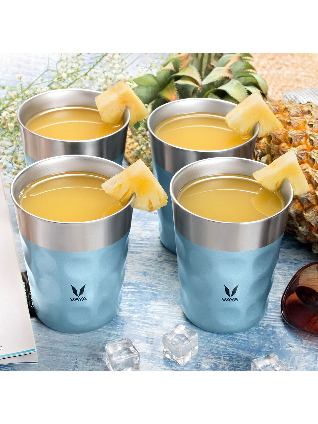 Buy Vaya Blue & Silver Toned Textured Stainless Steel Matte Mugs Set Of ...