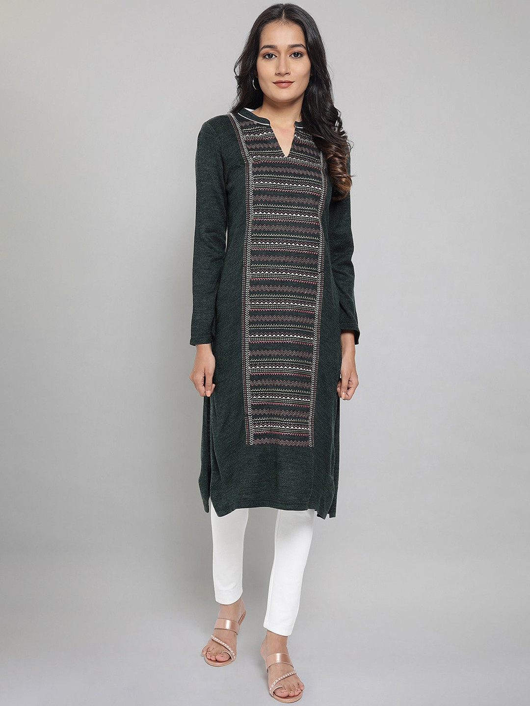 Buy AURELIA Women Green Woven Design Acrylic Winter Kurta - Kurtas for ...