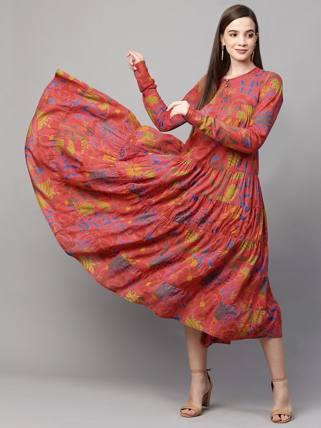 Buy Fashor Women Peach Coloured And Blue Ethnic Motifs Ethnic A Line Midi