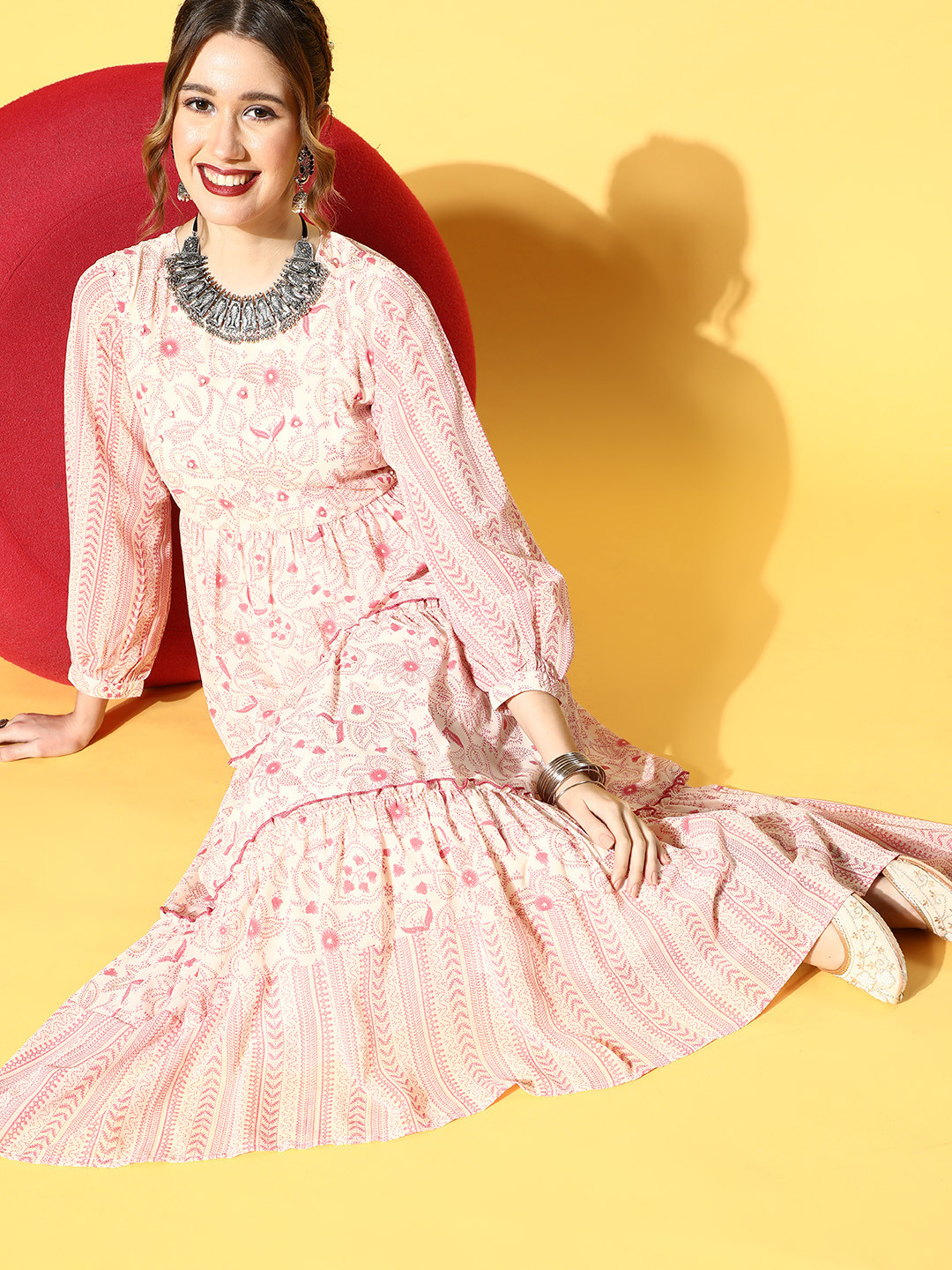 Buy Juniper Women Pretty Pink Ethnic Motifs Tiered Dress - Ethnic ...