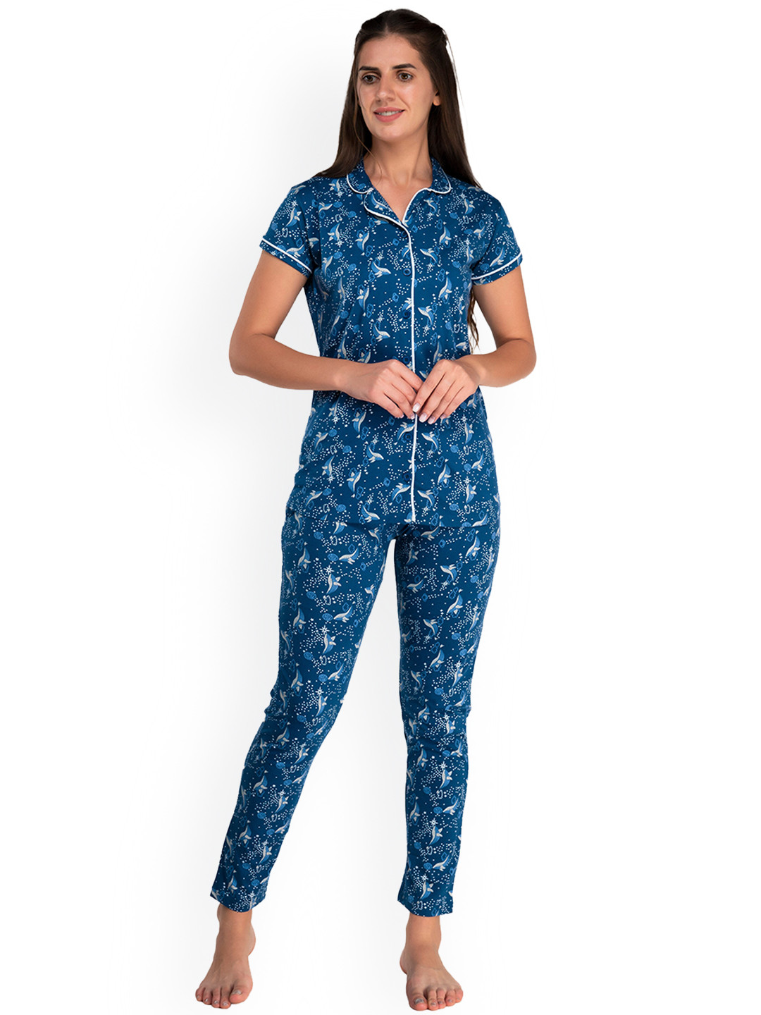 Buy Evolove Women Blue White Printed Pure Cotton Night Suit Night buy-evolove-women-blue-white-printed-pure-cotton-night-suit-night