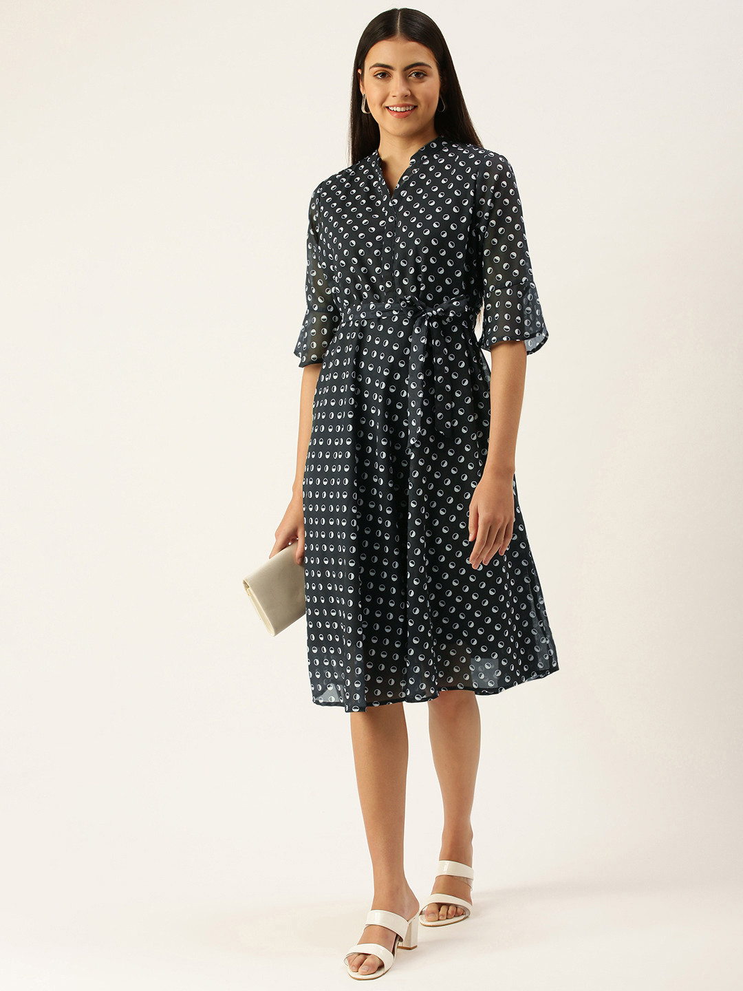 Buy Flying Machine Navy Blue & White Fit & Flare Dress - Dresses for ...