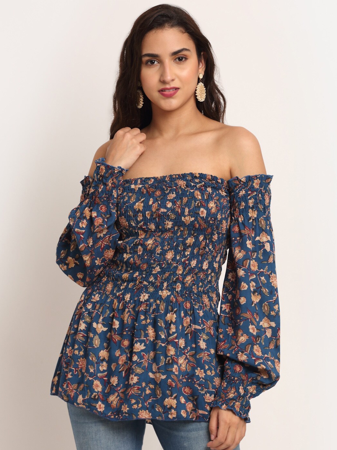 Buy Aawari Women Blue Floral Print Off Shoulder Bardot Top Tops For