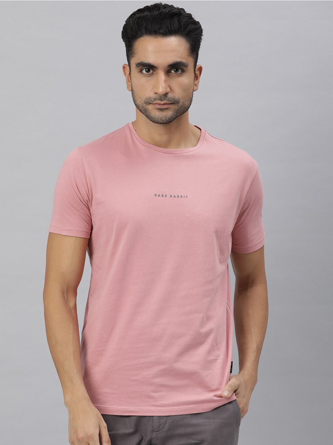 Buy RARE RABBIT Men Pink Brand Logo Printed Pure Cotton Slim Fit T ...