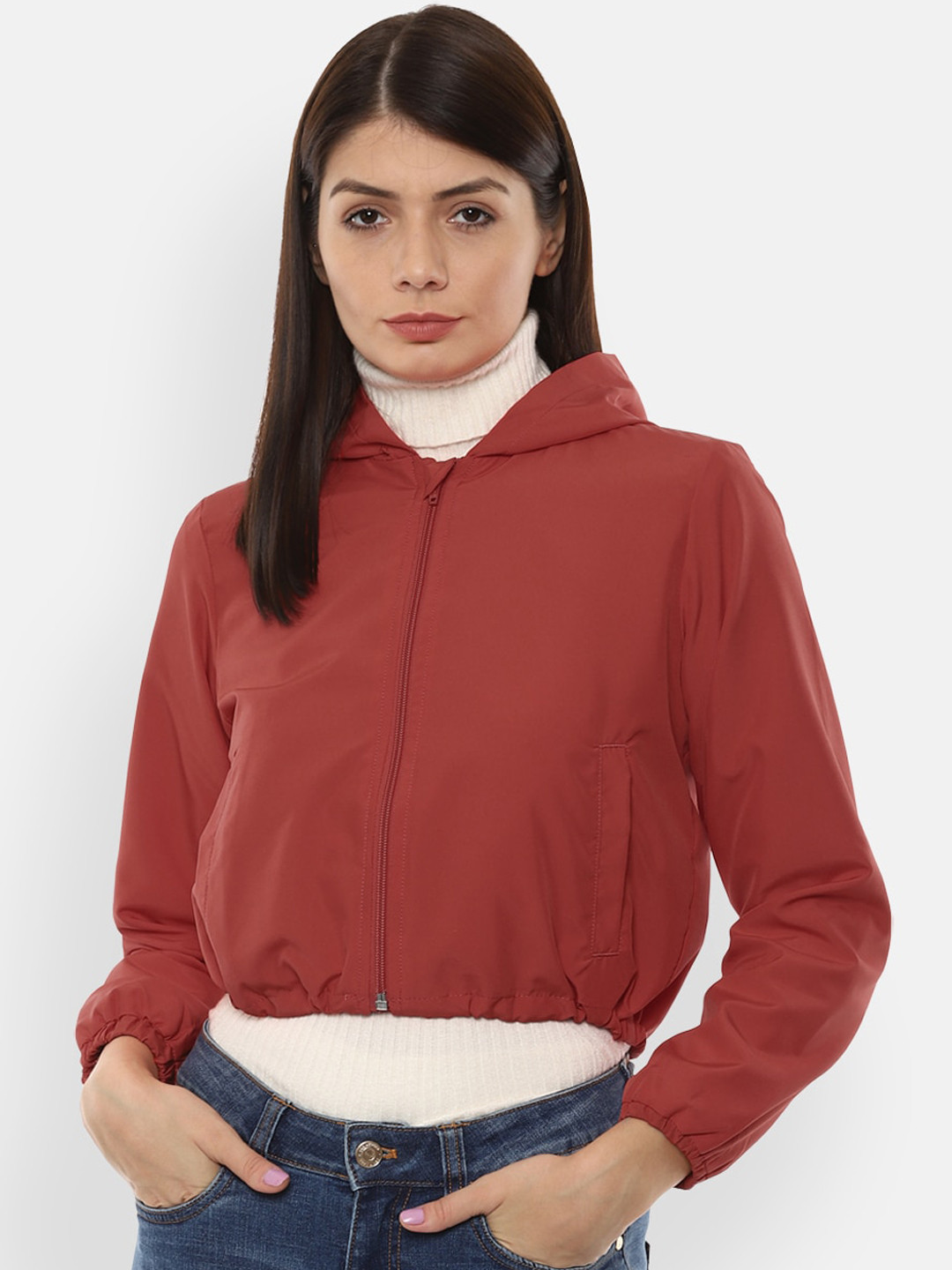 Buy Van Heusen Woman Women Maroon Solid Polyester Hooded Crop Tailored ...