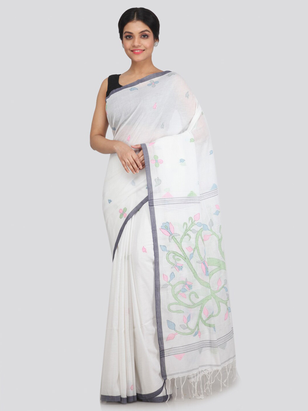 Buy PinkLoom White & Green Floral Pure Cotton Saree - Sarees for Women 16518284 | Myntra