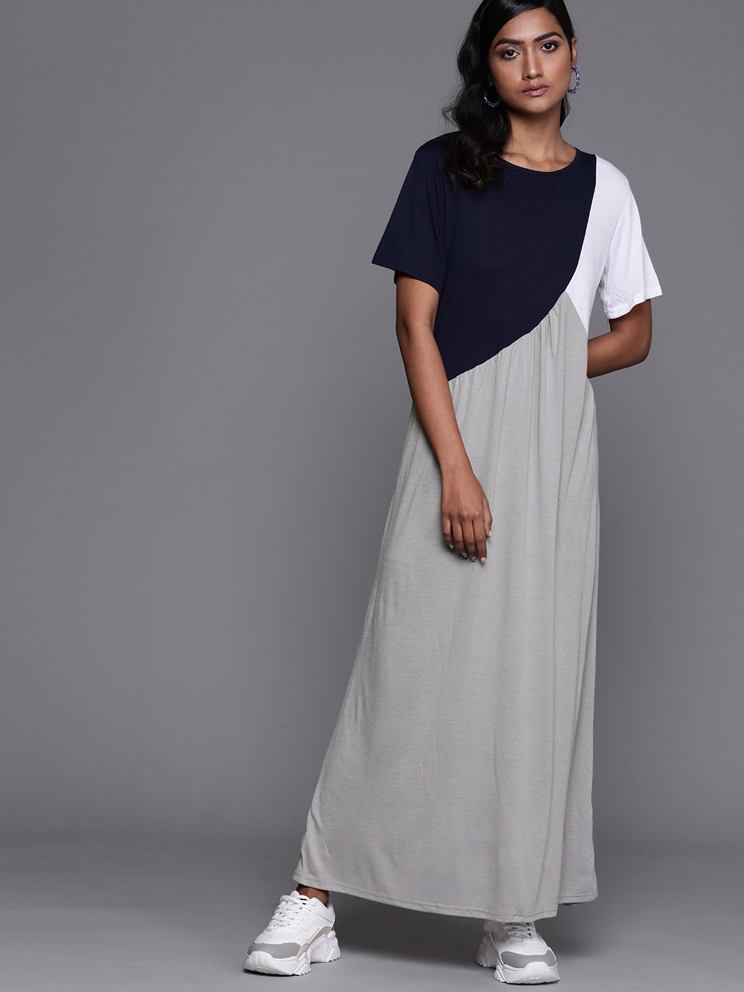 Buy JC Mode Grey & Navy Blue Colourblocked Maxi Dress - Dresses for ...