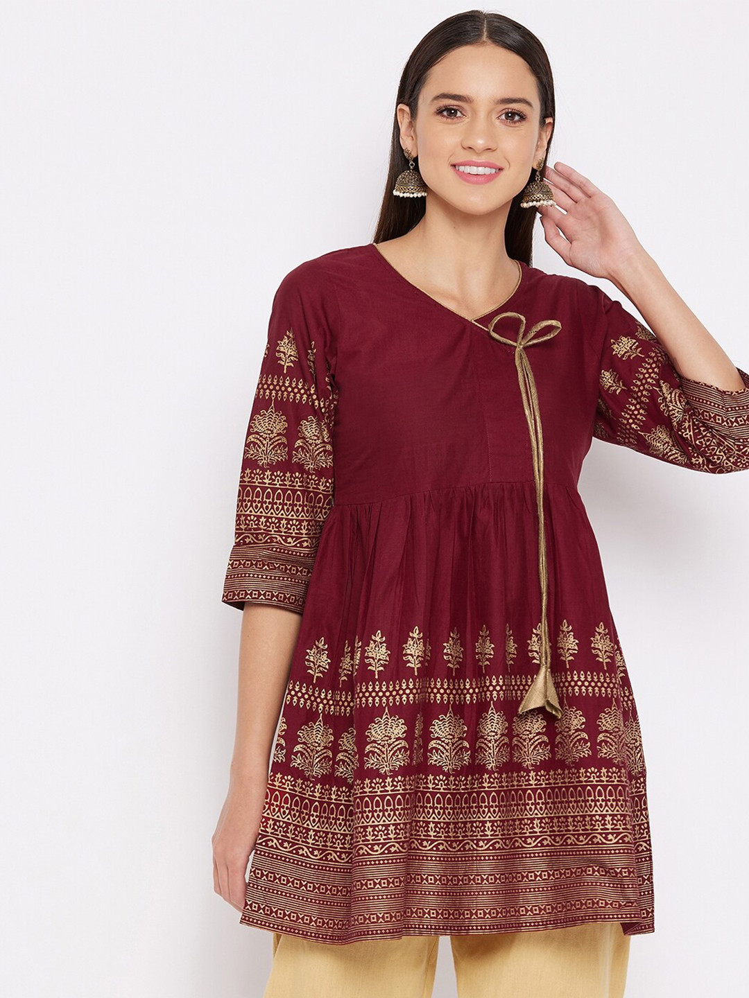 Buy WineRed Maroon & Gold Toned Printed Tunic - Tunics for Women ...