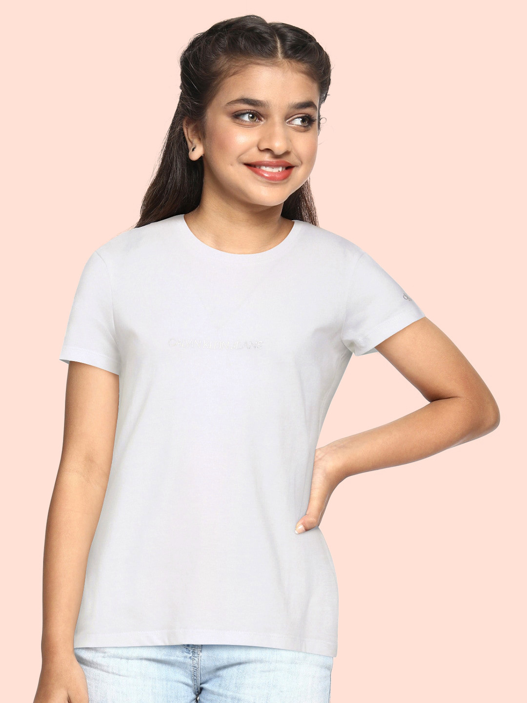 Buy Calvin Klein Jeans Girls White Pure Cotton Regular Top - Tops for ...