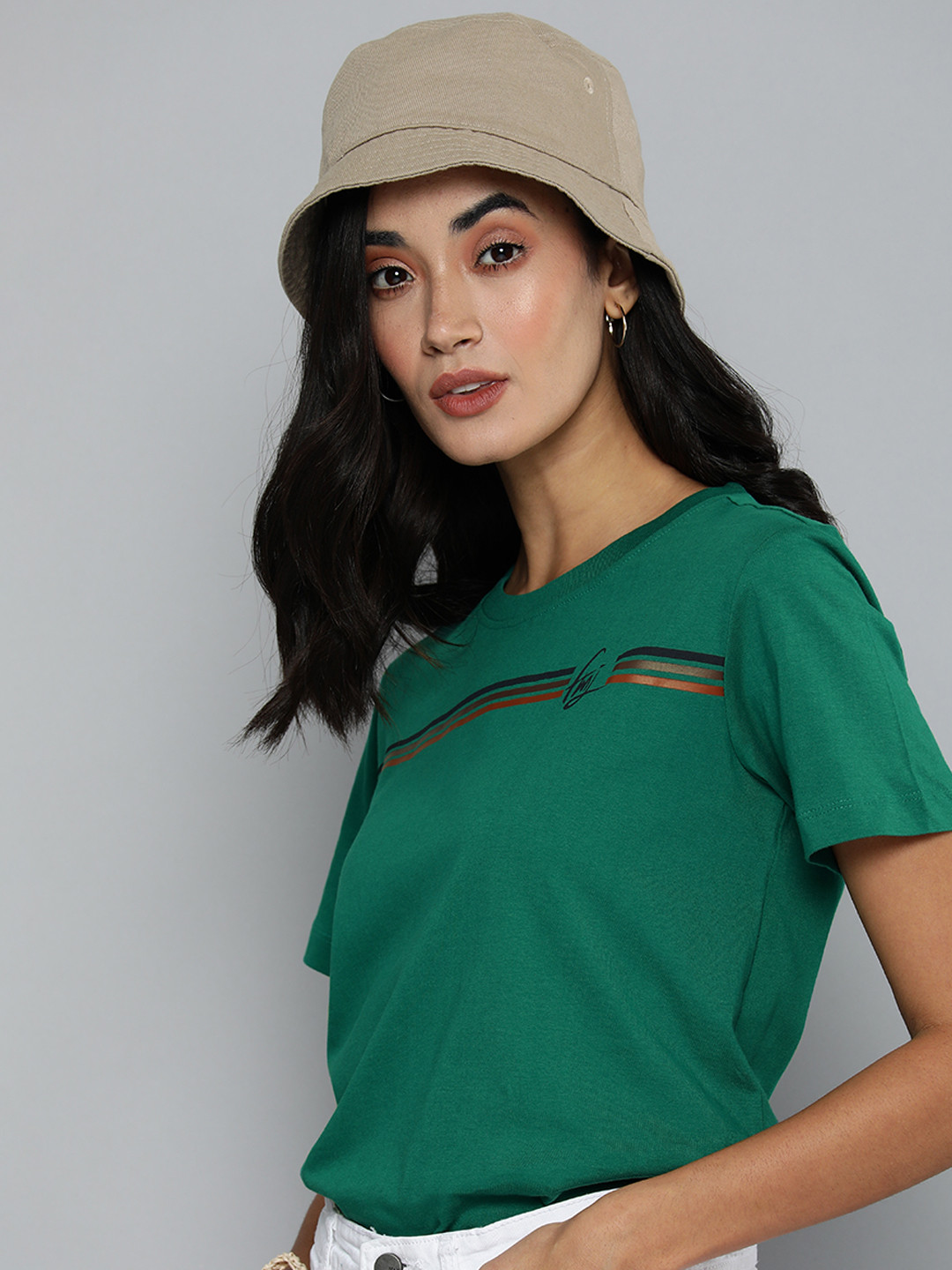 Buy Flying Machine Women Green Striped Pure Cotton T Shirt - Tshirts ...