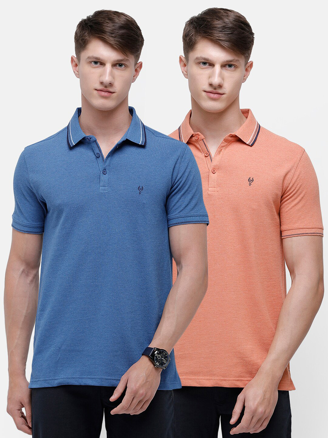 Buy Classic Polo Men Blue & Peach Coloured Pack Of 2 Polo Collar ...