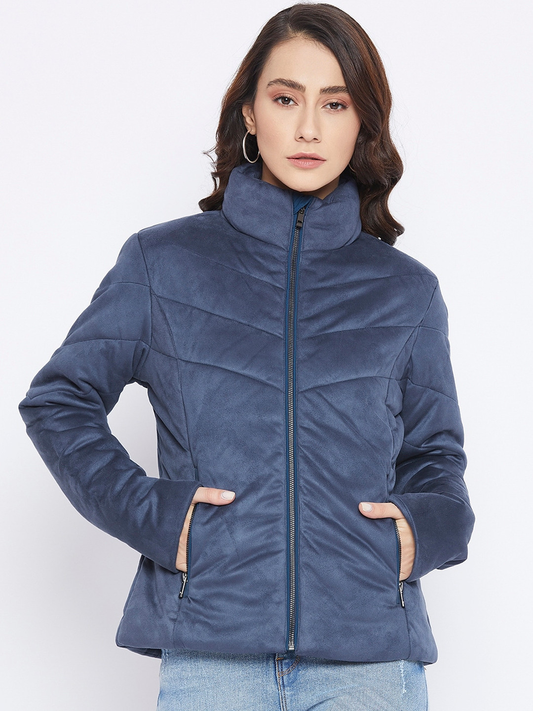 Buy Madame Women Navy Blue Lightweight Padded Jacket - Jackets for ...