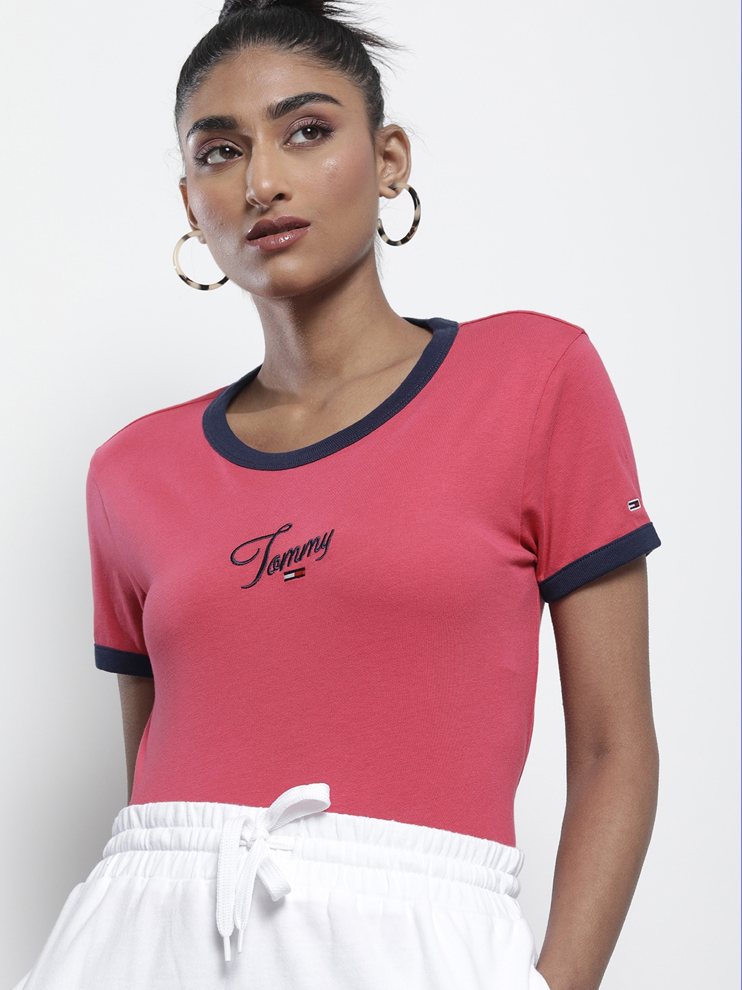 Buy Tommy Hilfiger Women Pink Brand Logo Embroidered Pure Cotton T