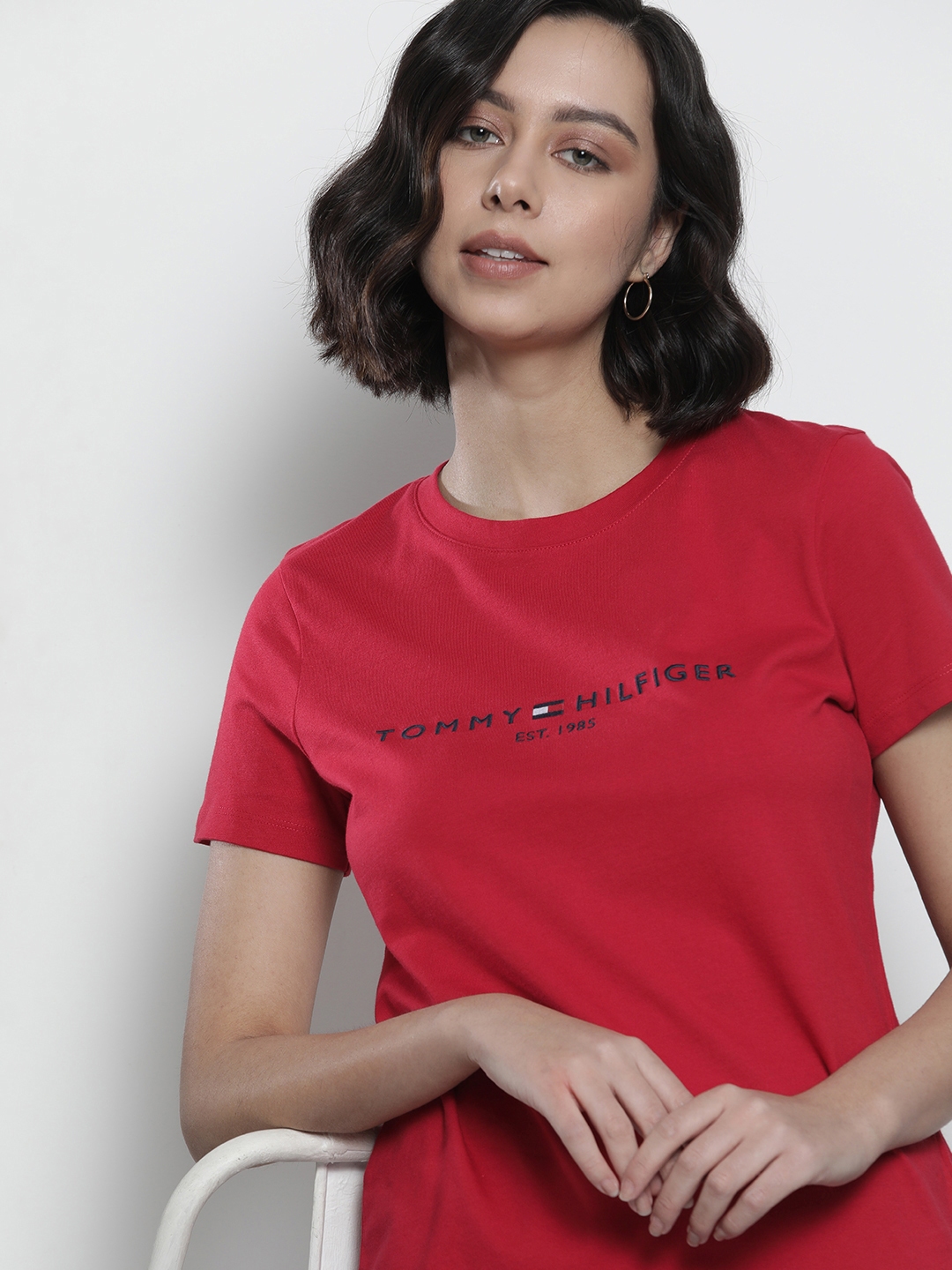 Buy Tommy Hilfiger Women Red Brand Logo Printed Pure Cotton T Shirt