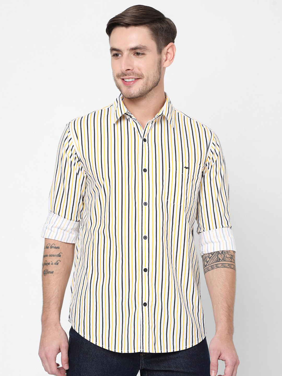 Buy Mufti Men White Slim Fit Striped Pure Cotton Casual Shirt - Shirts ...