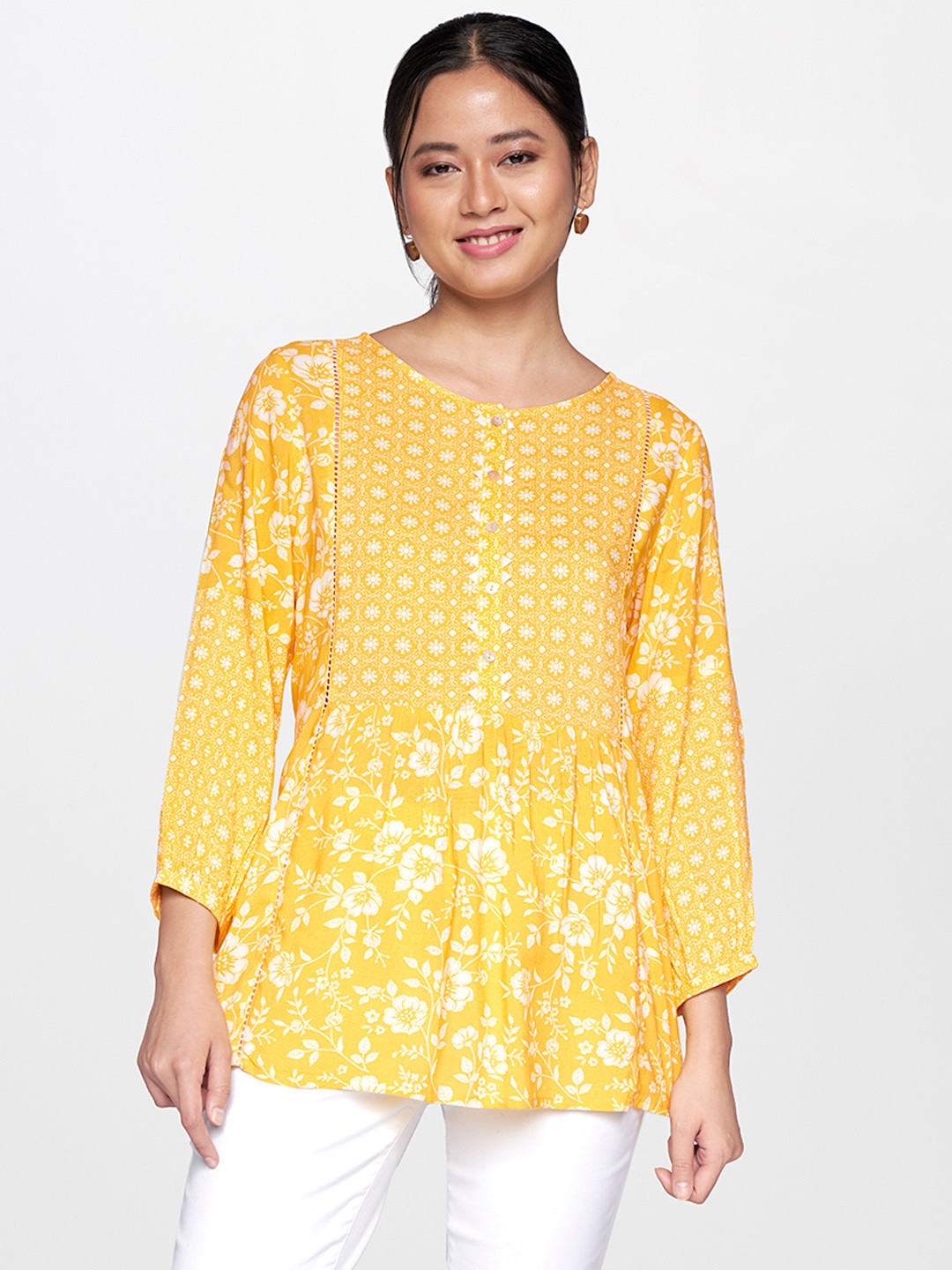 Buy Global Desi Yellow & White Floral Print Gathered Top - Tops for ...