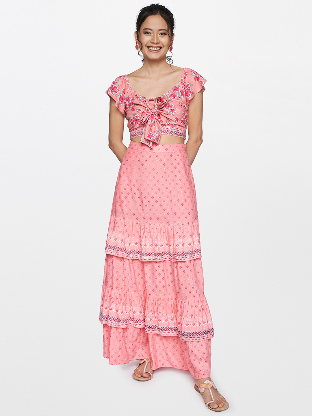 Buy Global Desi Pink & White Printed Ready To Wear Fusion Lehenga & Top ...