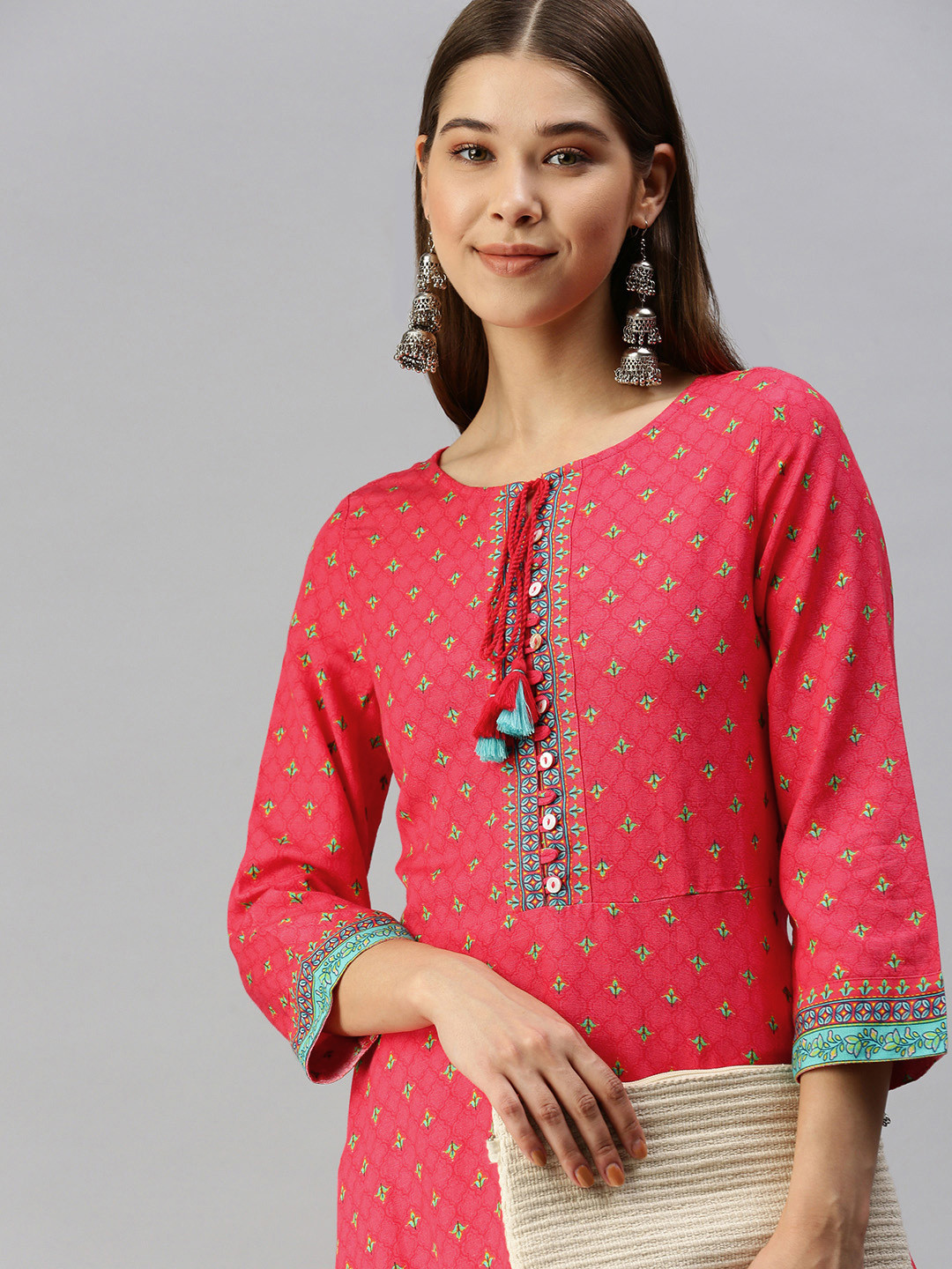 Buy Global Desi Pink & Blue Ethnic Printed Tunic With Tie Ups Detail ...