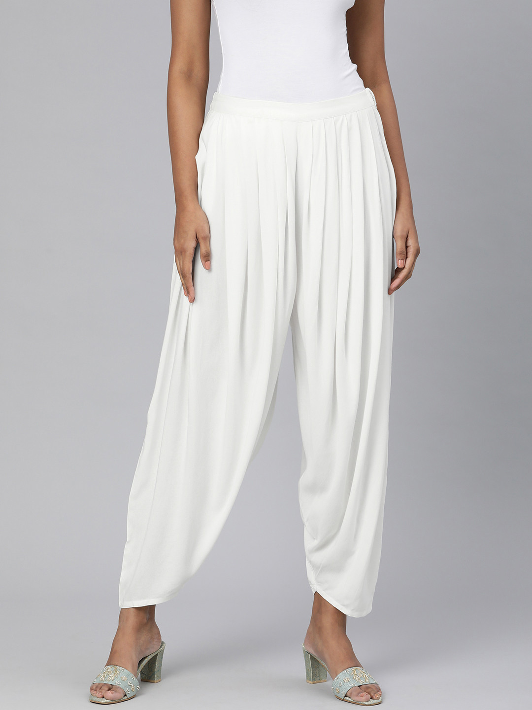 Buy Global Desi Women White Solid Dhoti Pants - Trousers for Women ...