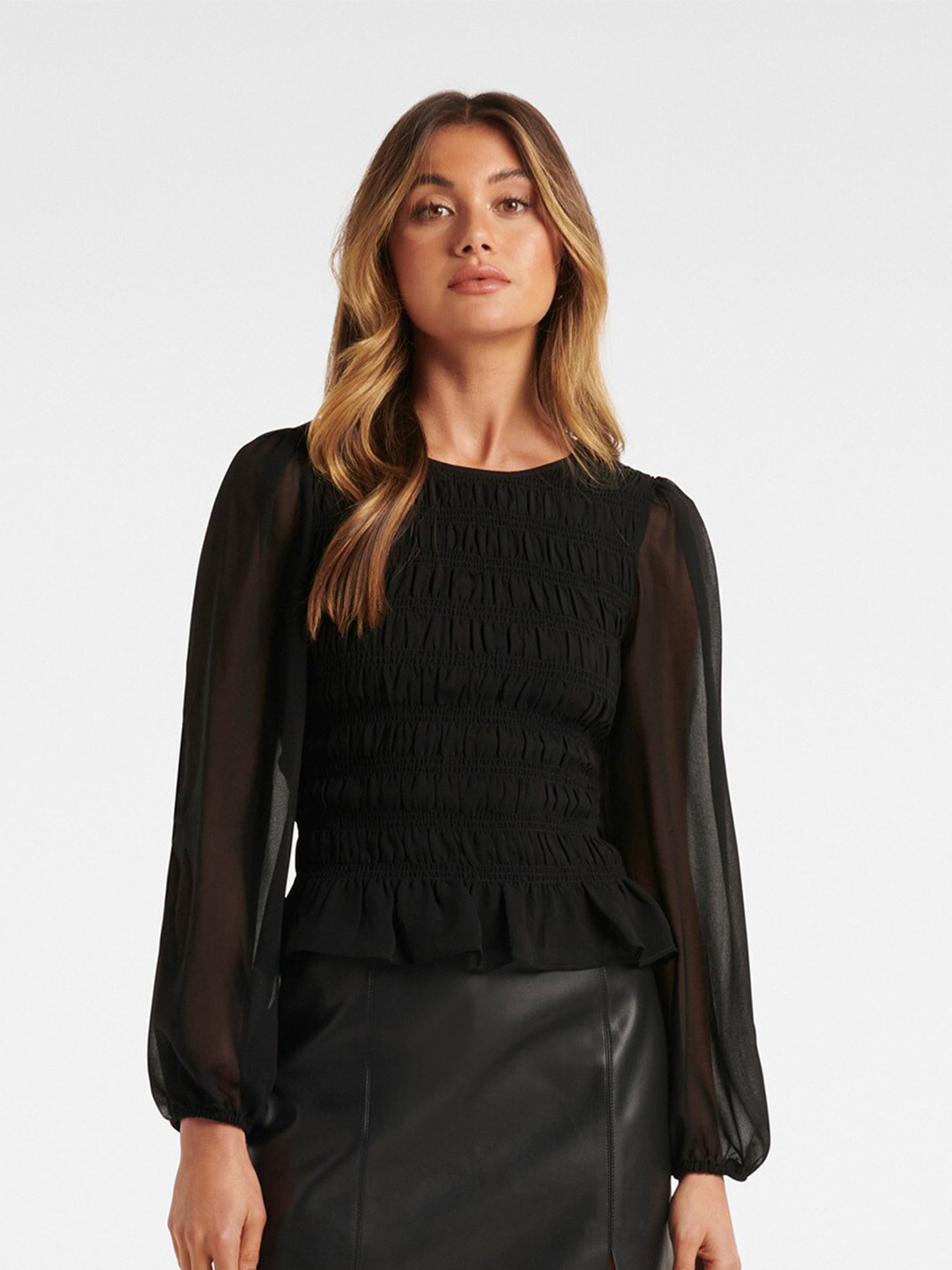 Buy Forever New Black Shirred Sheer Top - Tops for Women 16558614 | Myntra