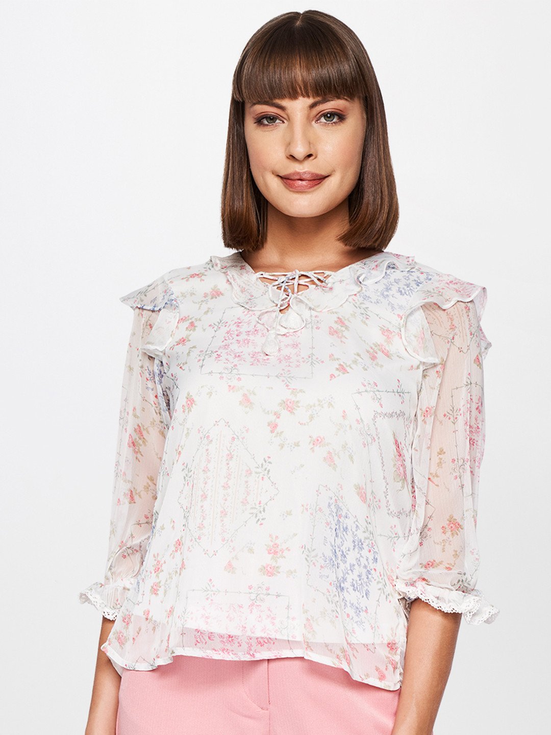 Buy AND White & Red Floral Tie Up Neck Regular Top - Tops for Women ...