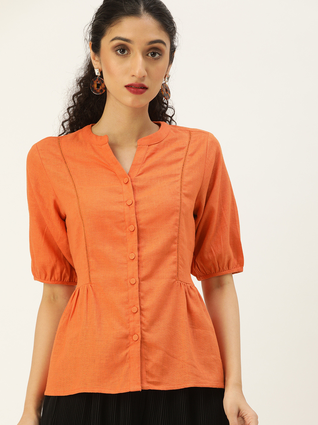 Buy AND Women Orange Solid V Neck Puff Sleeves Peplum Top - Tops for ...