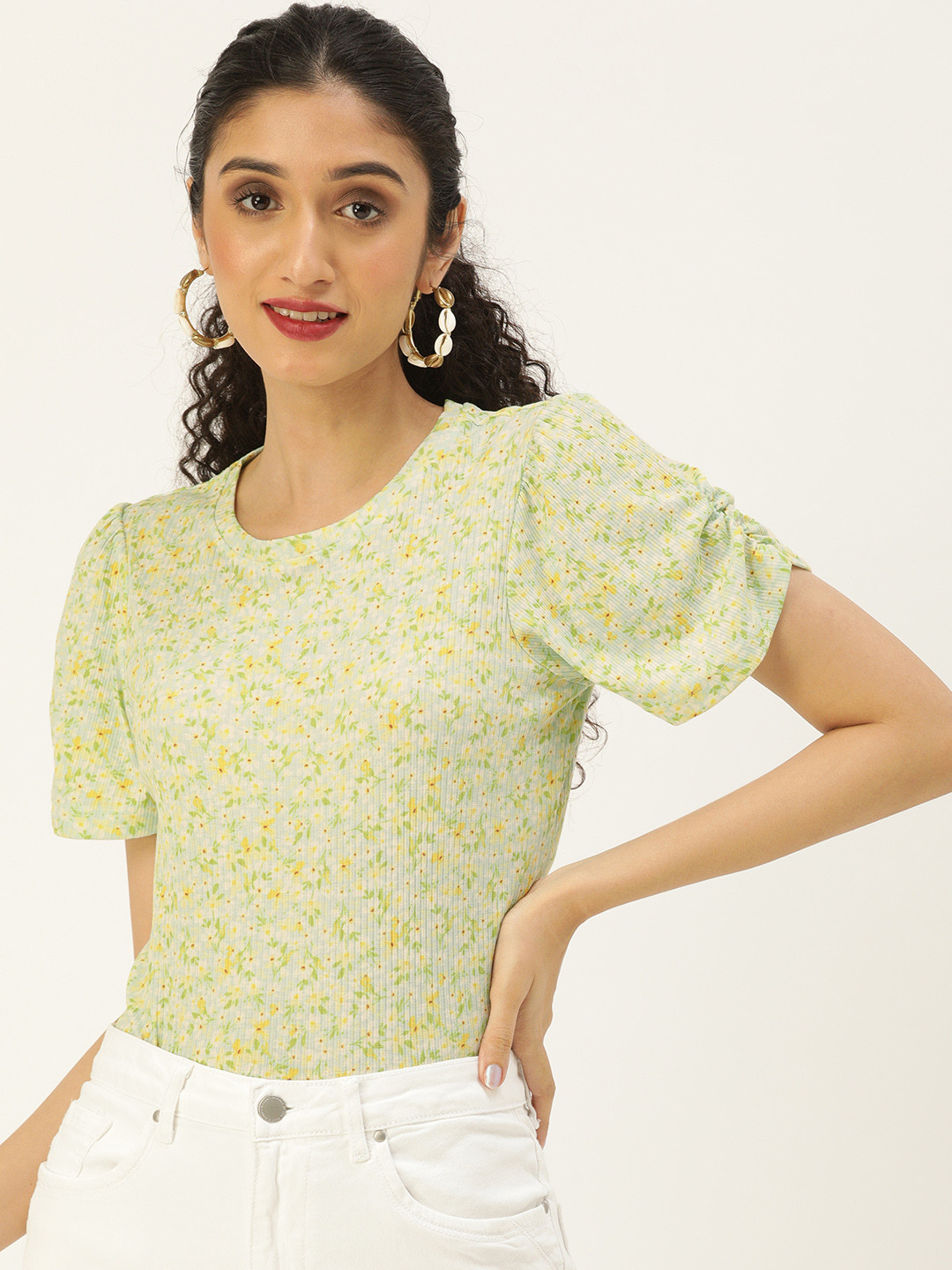 Buy AND Women Green & Yellow Ribbed Floral Printed Puff Sleeves Top ...