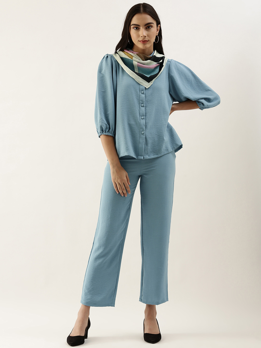 Buy AND Women Powder Blue Solid Shirt With Formal Trousers - Co Ords ...