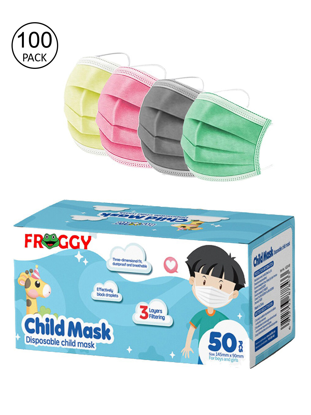 Buy FROGGY Kids Set Of 100 Assorted 3ply Anti Pollution Disposable ...