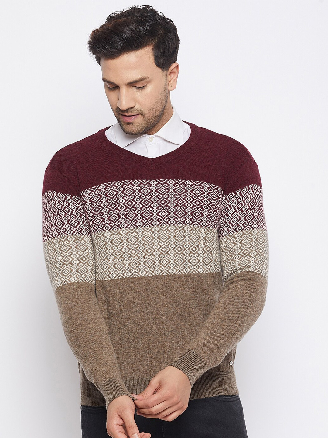 Buy Octave Men Maroon & Tan Floral Lamb Wool Pullover - Sweaters for ...