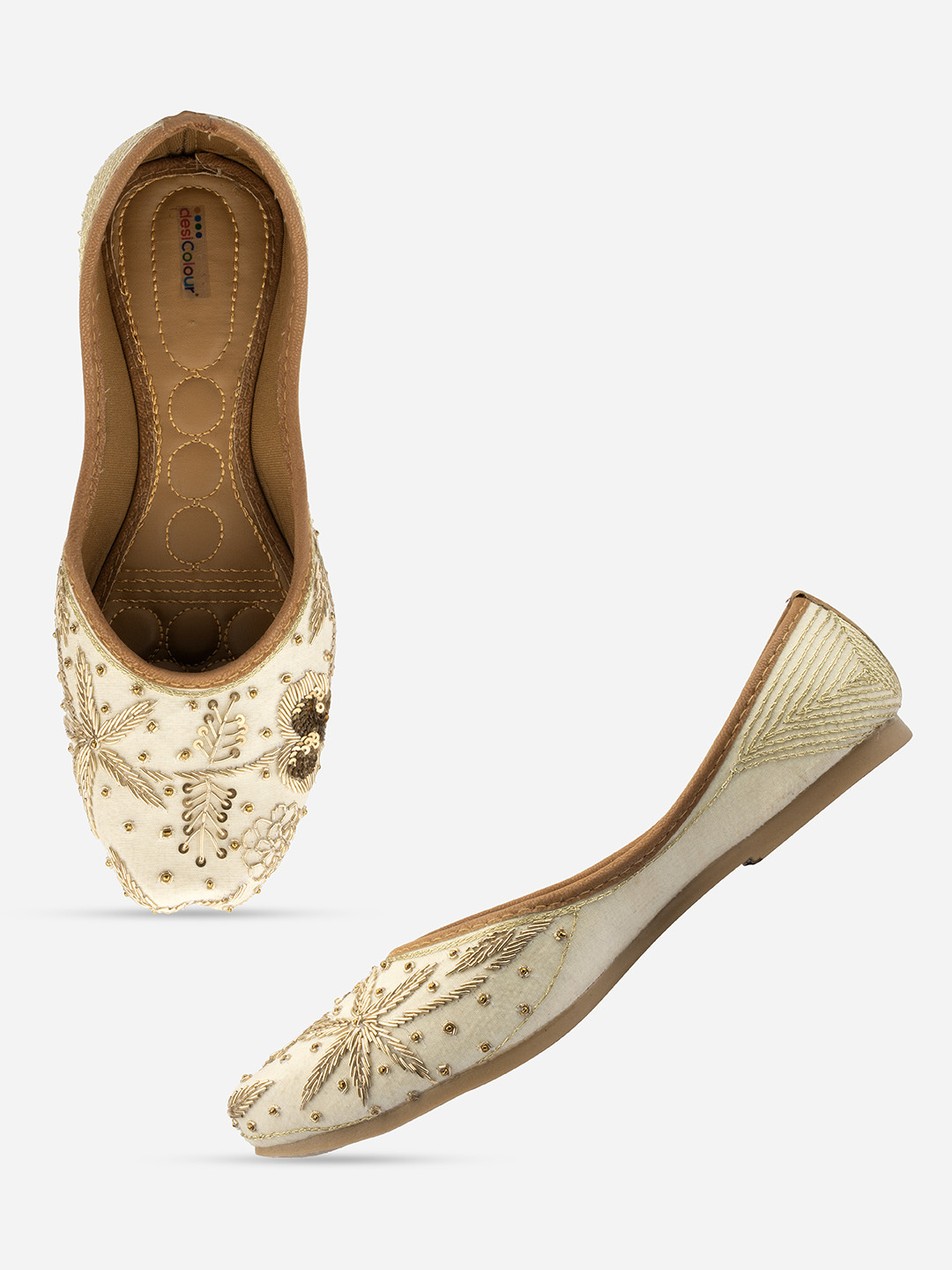 Buy DESI COLOUR Women Off White Embellished Leather Ethnic Mojaris ...