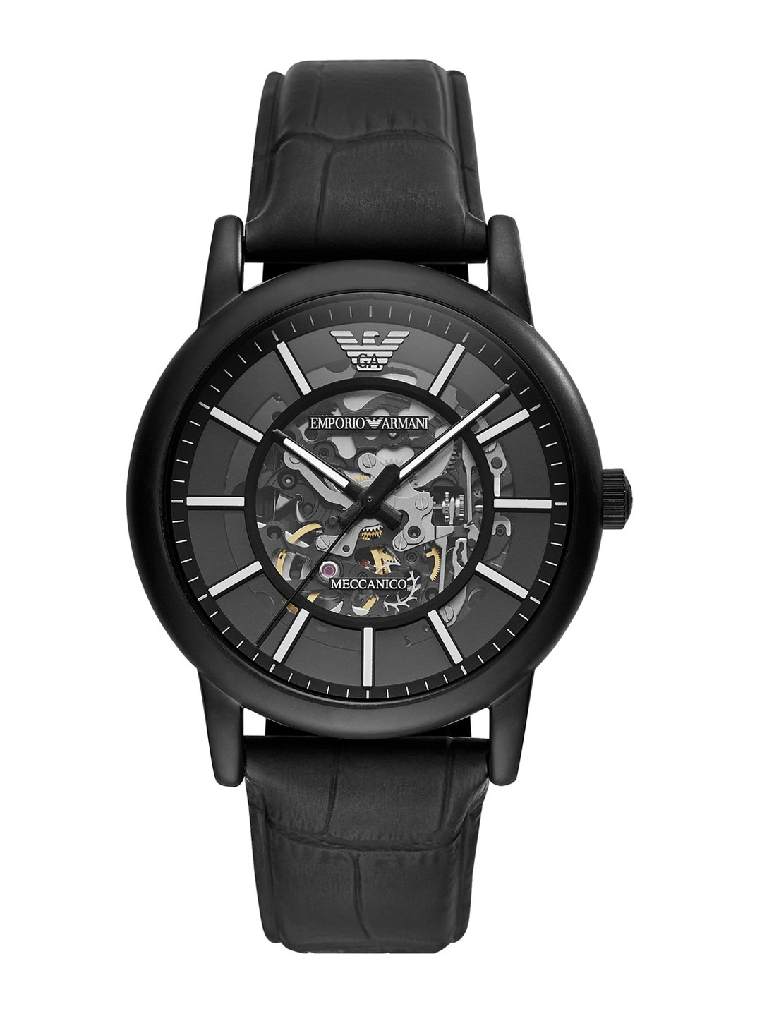 Buy Emporio Armani Men Black Skeleton Dial & Black Leather Straps ...