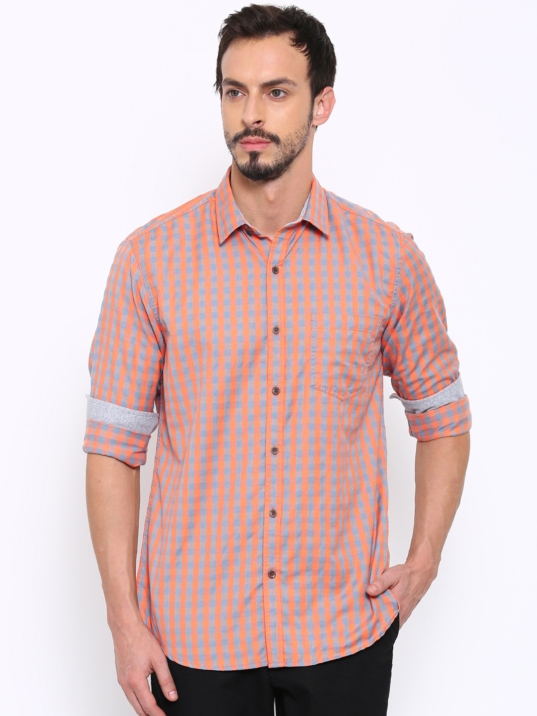 Buy John Players Men Coral Orange And Grey Trim Fit Checked Casual ...