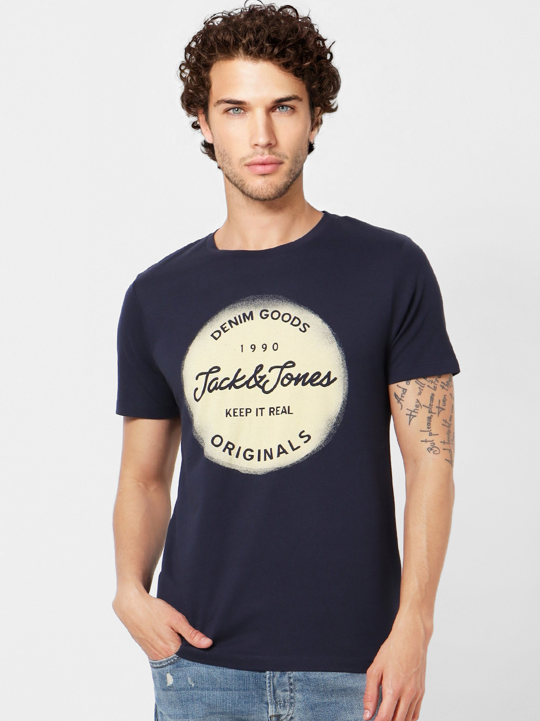 Buy Jack & Jones Men Navy Blue Brand Logo Printed Pure Cotton T Shirt ...