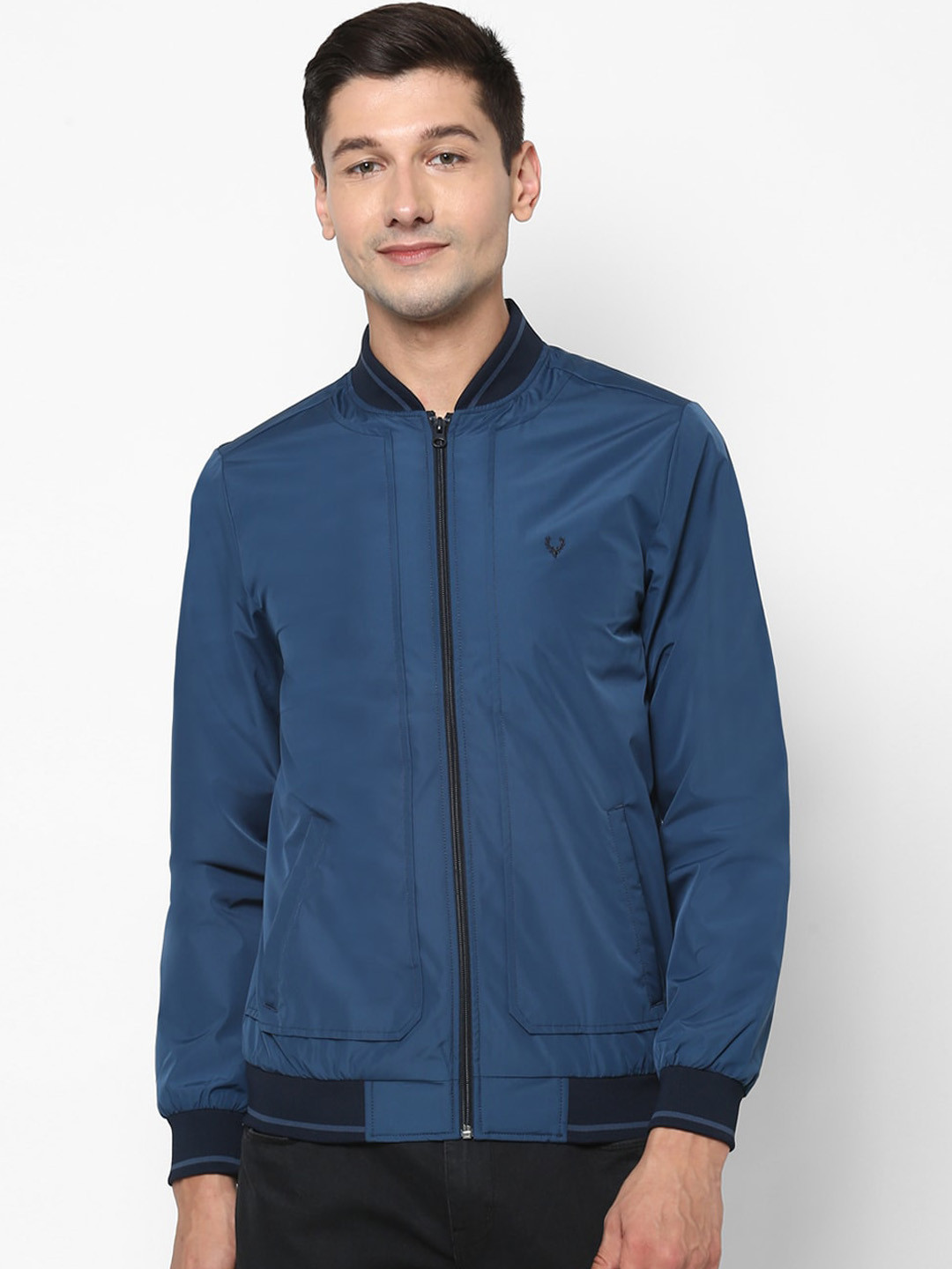 Buy Allen Solly Men Navy Blue Solid Bomber Jacket - Jackets for Men ...